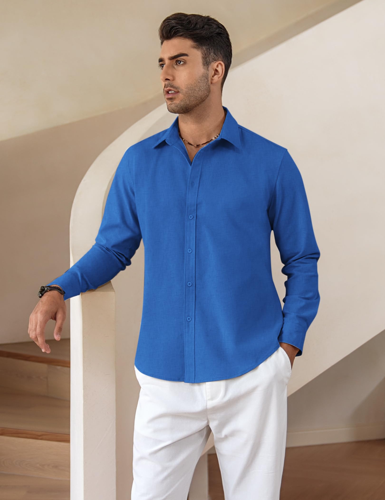 COOFANDY Men's Long Sleeve Linen Button Down Business Shirt Dress Casual Untucked Shirts