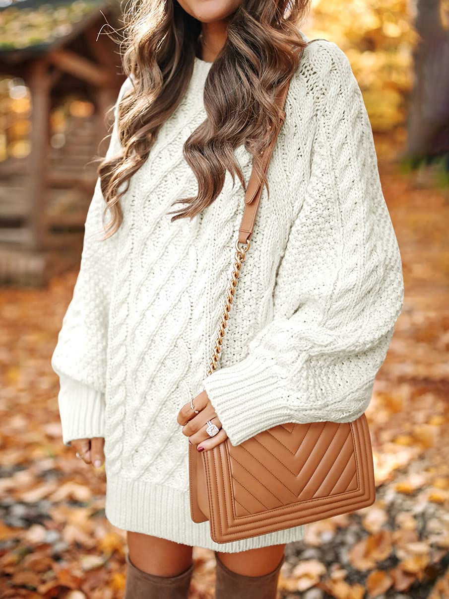 ANRABESS Women Long Sleeve Oversized Cable Knit Chunky Baggy Loose Pullover Tunic Mini Sweater Dress 2025 Trendy Fall Outfits White Small