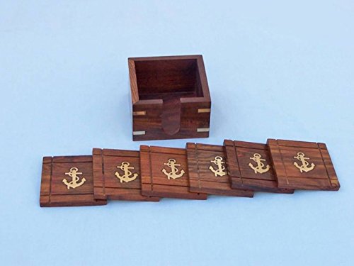 Hampton Nautical Wooden Anchor Coasters with Rosewood Holder (Set of 6), Brown, 3"