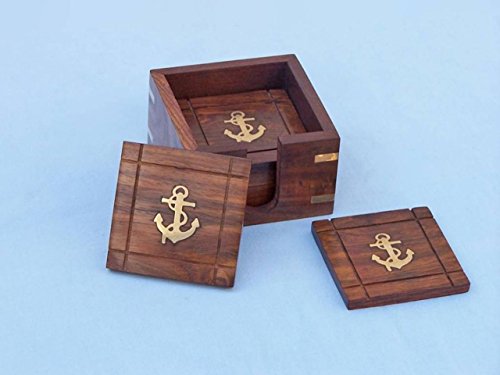 Hampton Nautical Wooden Anchor Coasters with Rosewood Holder (Set of 6), Brown, 3"