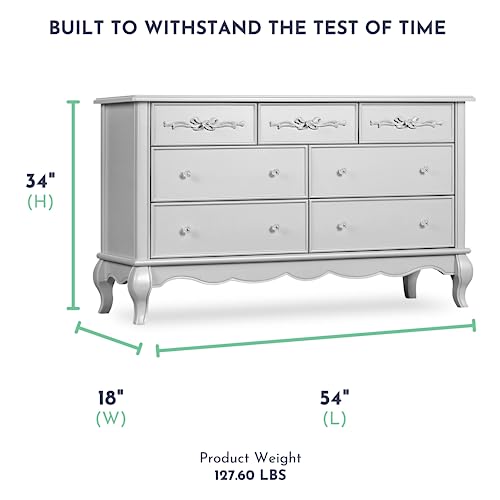 Evolur Aurora 7 Drawer Double Dresser, Akoya Grey Pearl/Silver Mist