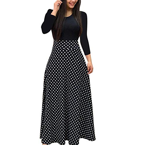 Kanhan Fashion Women Long Sleeve Floral Boho Print Slim Long Maxi Dress High Waist Casual Dress (M, Black)