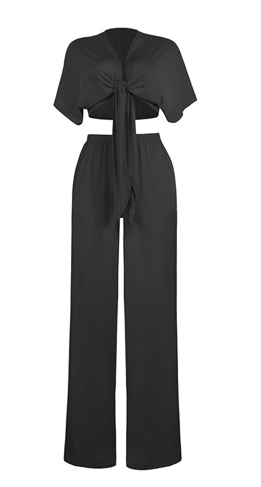 VLUNT Women's Sexy 2 Piece Outfits V-Neck Crop Top and Wide Leg Long Pants Jumpsuits Set,Black-S