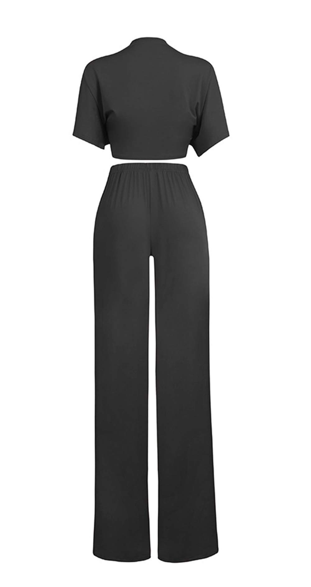 VLUNT Women's Sexy 2 Piece Outfits V-Neck Crop Top and Wide Leg Long Pants Jumpsuits Set,Black-S