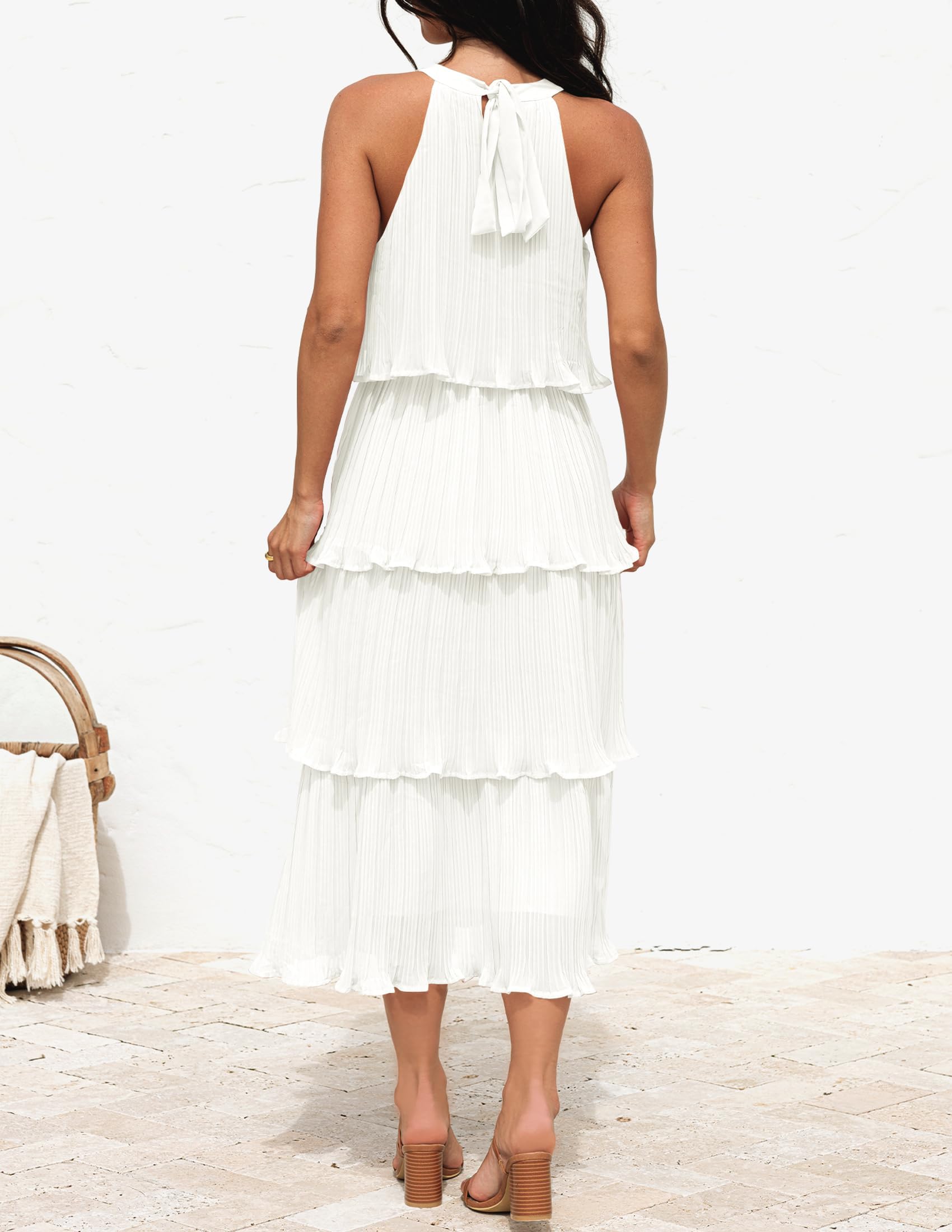 ZESICA Women's 2025 Summer Sleeveless Halter Neck Ruffle Tiered Layed Chiffon Flowy Swing Long Midi Dress,White,Small