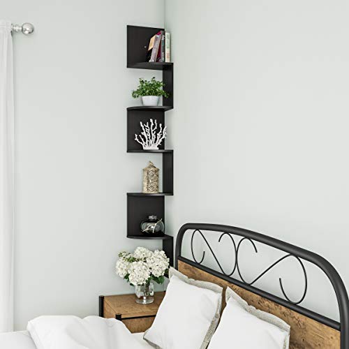 Lavish Home (Black Floating Corner Shelf-5 Tier Wall Shelves with Hidden Brackets to Display Décor, Books, Photos, More-Hardware Included, 11" X 8" X 48.5"