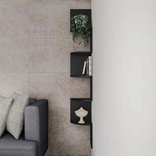 Lavish Home (Black Floating Corner Shelf-5 Tier Wall Shelves with Hidden Brackets to Display Décor, Books, Photos, More-Hardware Included, 11" X 8" X 48.5"
