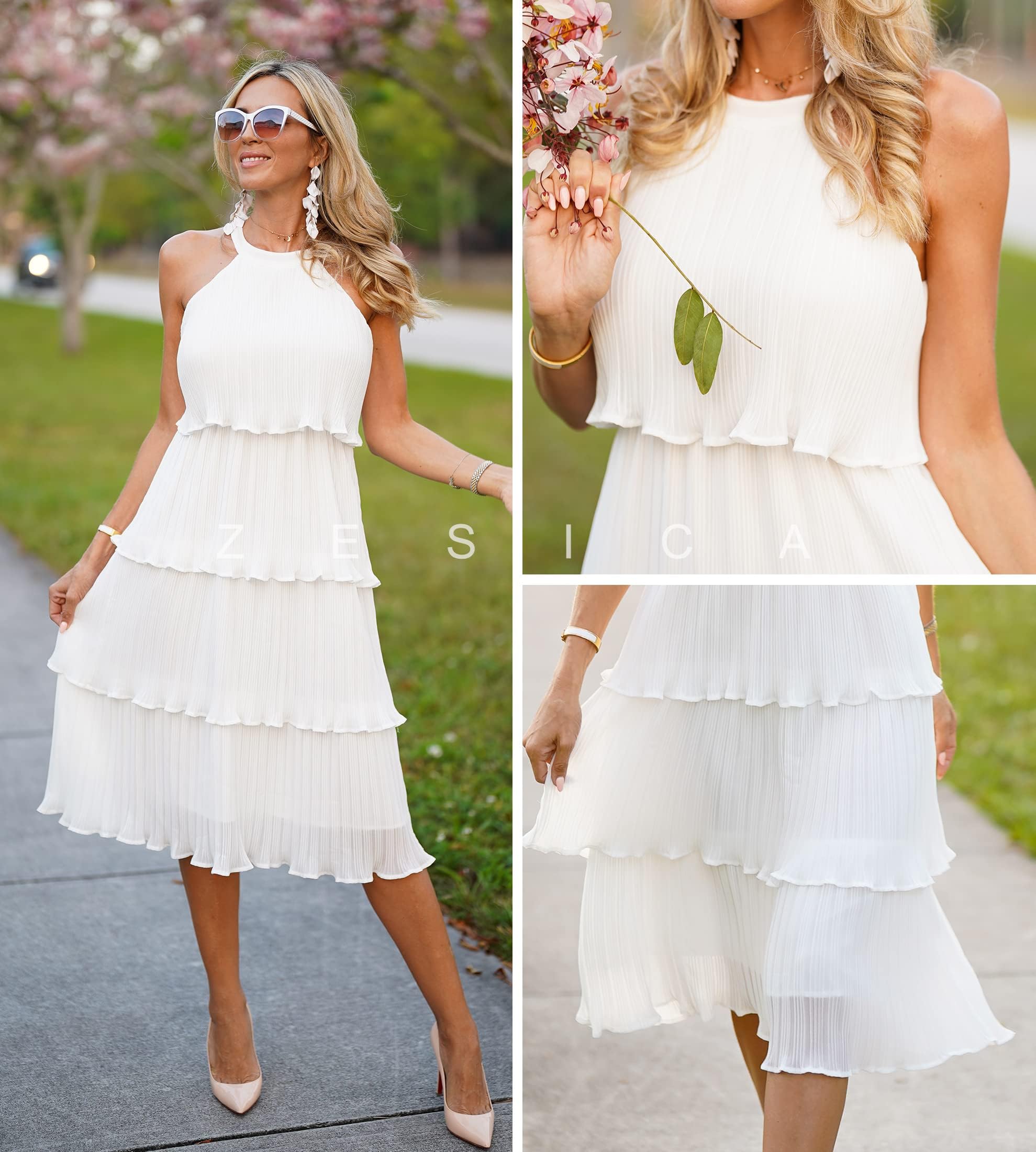 ZESICA Women's 2025 Summer Sleeveless Halter Neck Ruffle Tiered Layed Chiffon Flowy Swing Long Midi Dress,White,Small