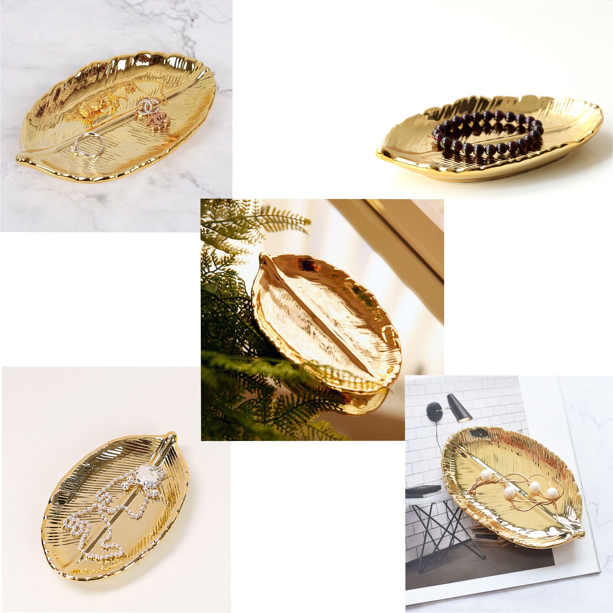 Golden Leaf Tray Ceramic Jewelry Plate Key Tray Ring Holder Trinket Dish Vanity Tray Candy Snack Tray for Christmas,Birthday,Wedding,Women