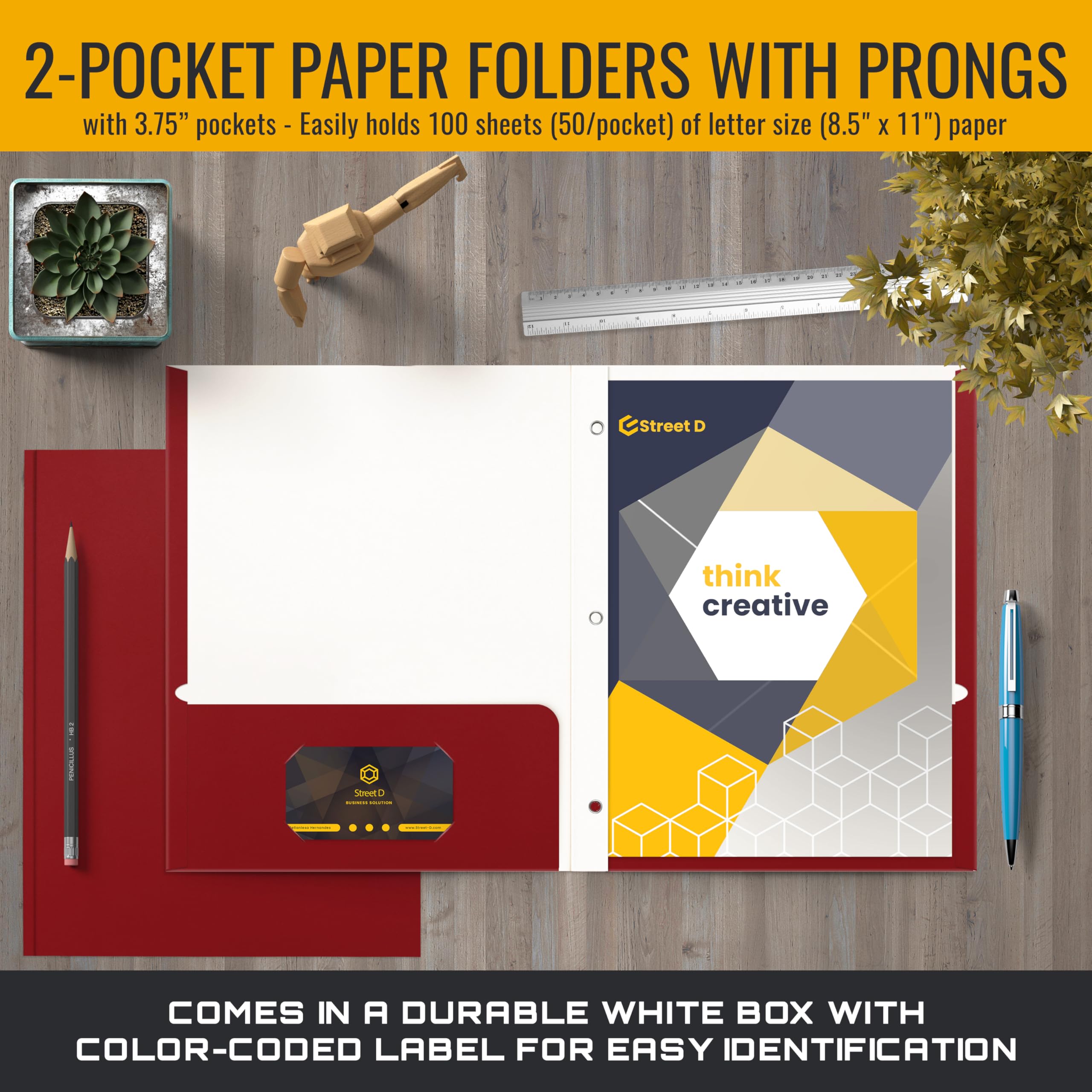 Red Paper 2 Pocket Folders with Prongs, 50 Pack, by Better Office Products, Matte Texture, Letter Size Paper Folders, 50 Pack, with 3 Metal Prong Fastener Clips, RED