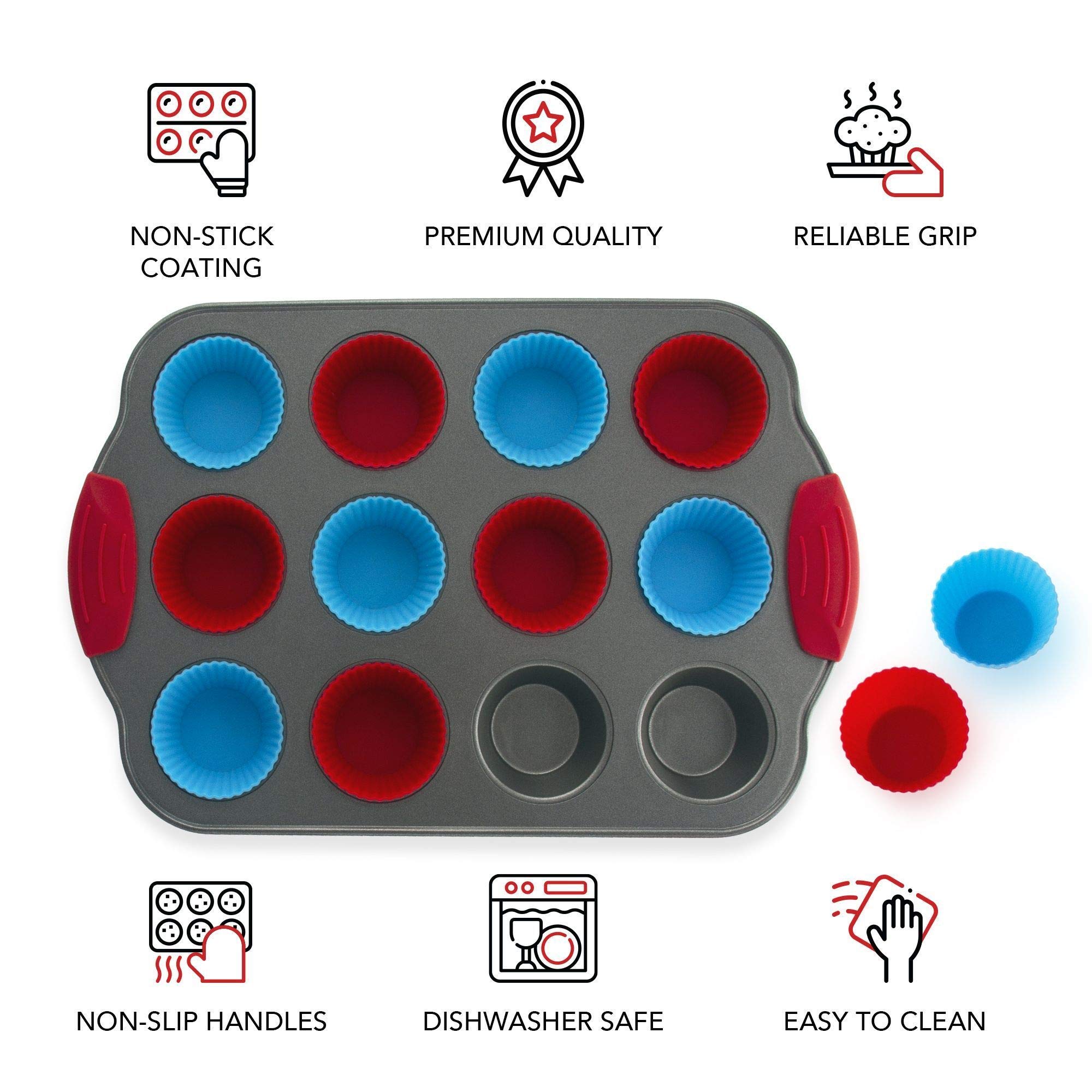 Boxiki Kitchen Baking Essentials - 12 Cup Mini Muffin Pan with Silicone Liners & Silicone Bread Loaf Pan 9 x 5 Inch.