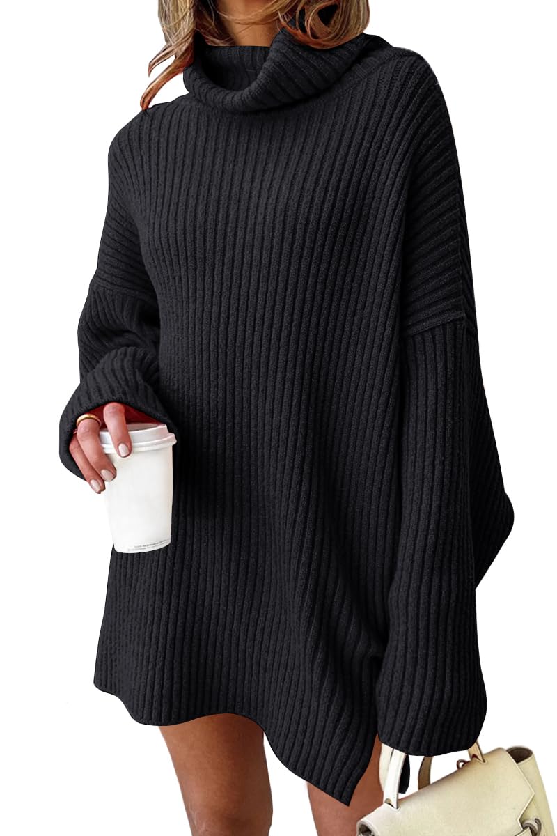LILLUSORY Womens Turtleneck Oversized Long Sweater Dress 2025 Plus Size Tunic Pullover Knit Fall Dresses Black S