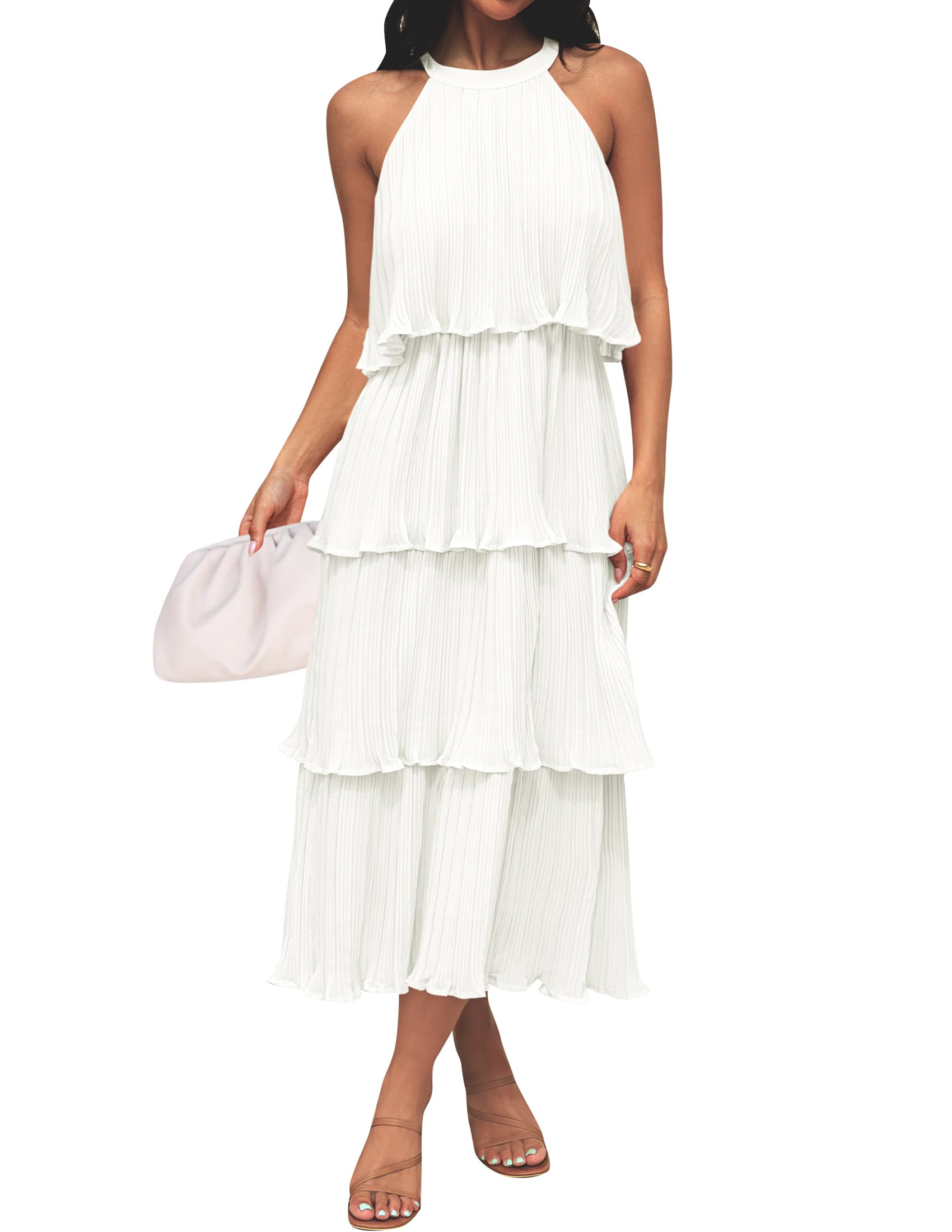 ZESICA Women's 2025 Summer Sleeveless Halter Neck Ruffle Tiered Layed Chiffon Flowy Swing Long Midi Dress,White,Small