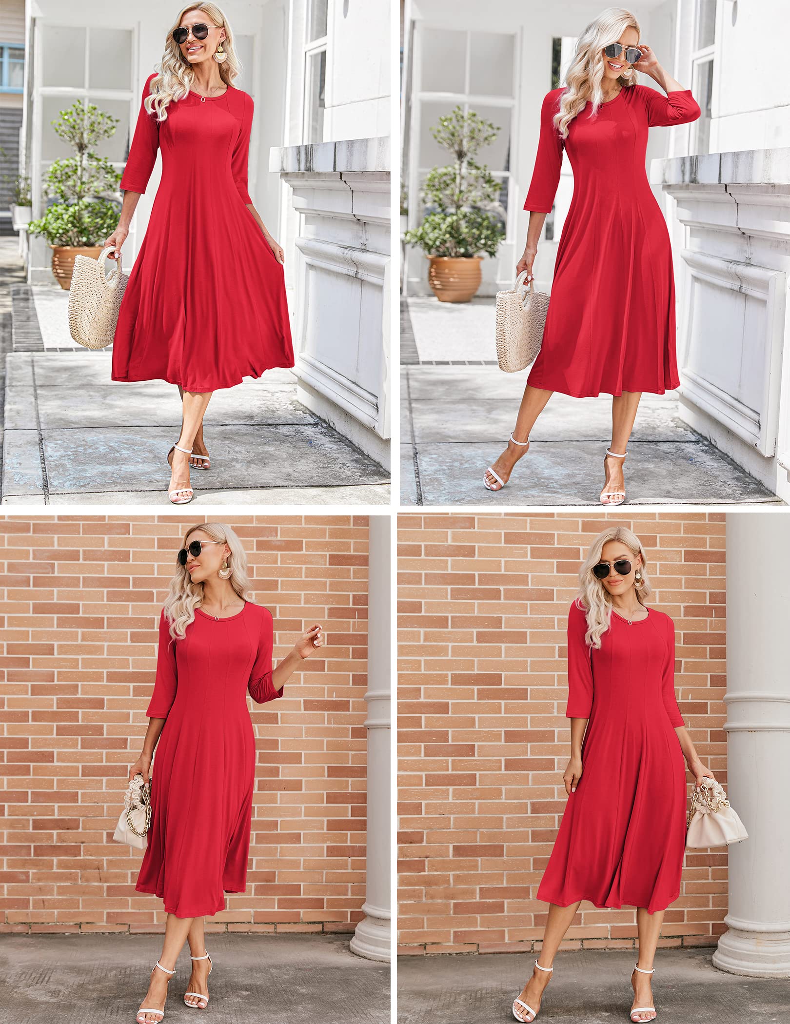 HOTOUCH Women Soft Casual Dress 3/4 Sleeve Midi Long Dresses (Red L)