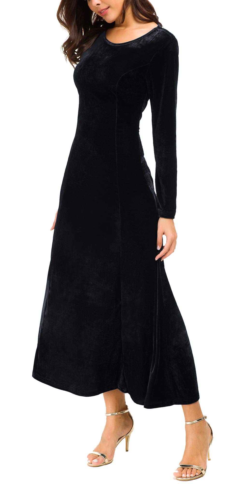 Urban CoCo Women's Elegant Long Sleeve Ruched Velvet Stretchy Long Dress (XL, Black)