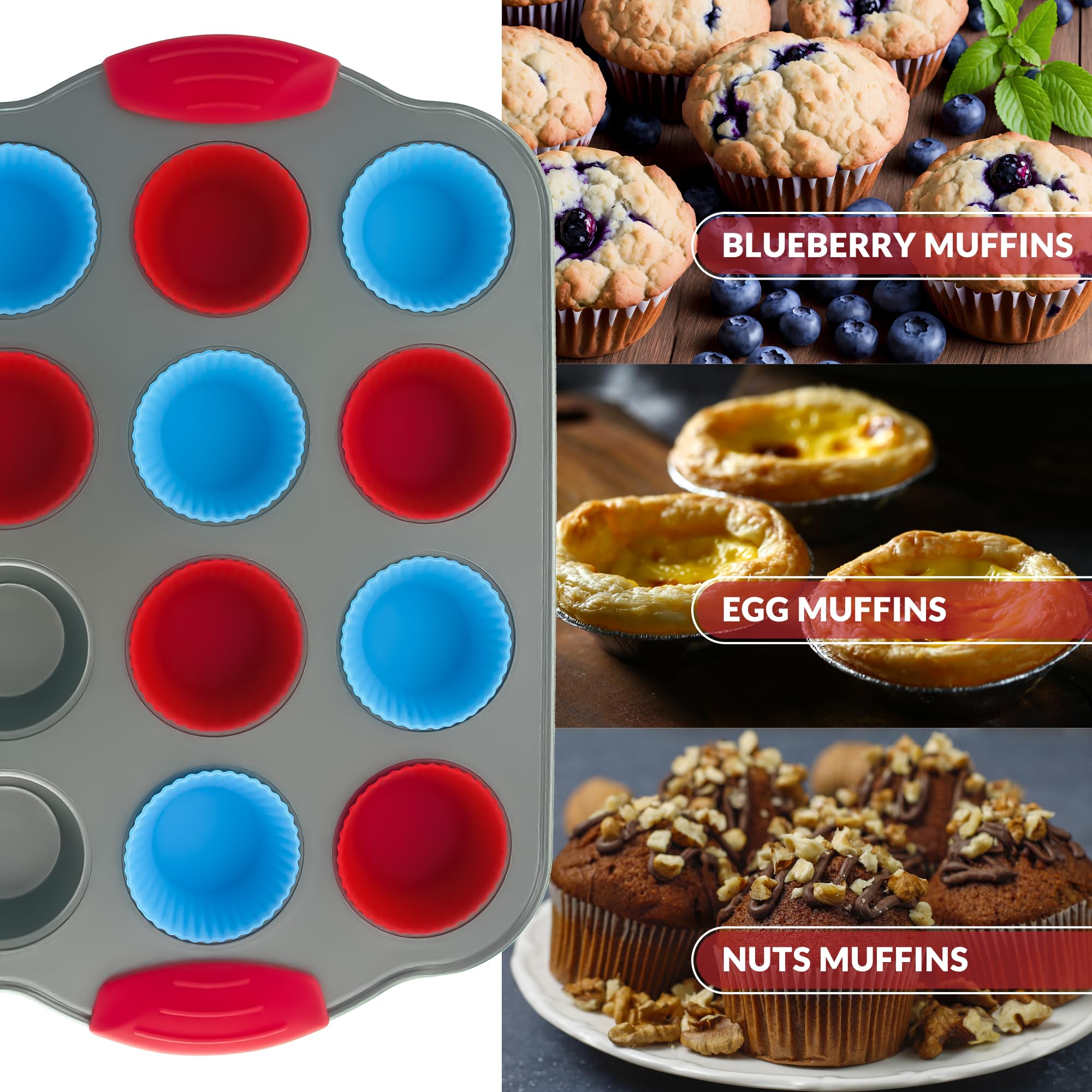Boxiki Kitchen Baking Essentials - 12 Cup Mini Muffin Pan with Silicone Liners & Silicone Bread Loaf Pan 9 x 5 Inch.