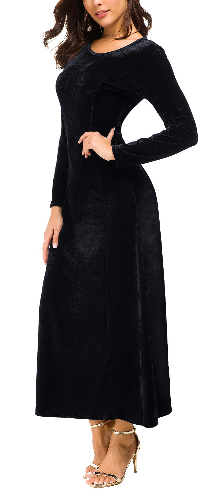 Urban CoCo Women's Elegant Long Sleeve Ruched Velvet Stretchy Long Dress (XL, Black)
