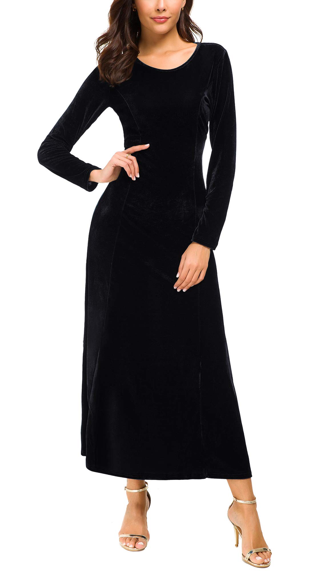Urban CoCo Women's Elegant Long Sleeve Ruched Velvet Stretchy Long Dress (XL, Black)