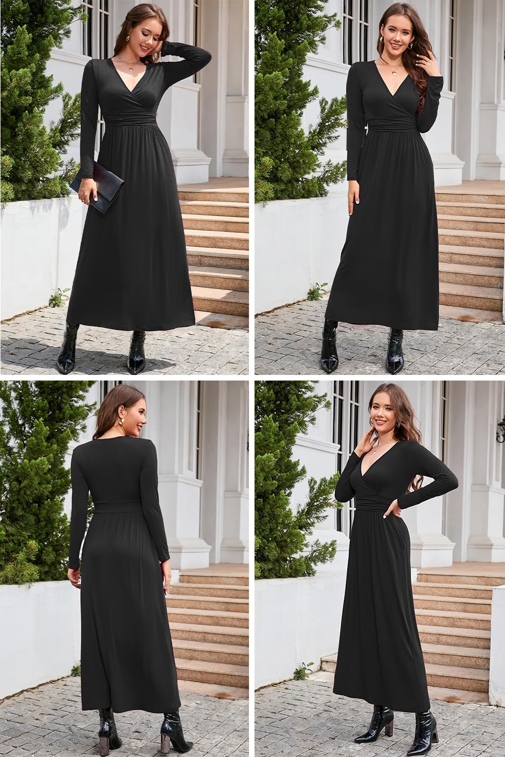OUGES Womens Long Sleeve Black Dress V-Neck Wrap Waist Fall Formal Maxi Dress Winter Dresses for Women 2025(Black,XL)