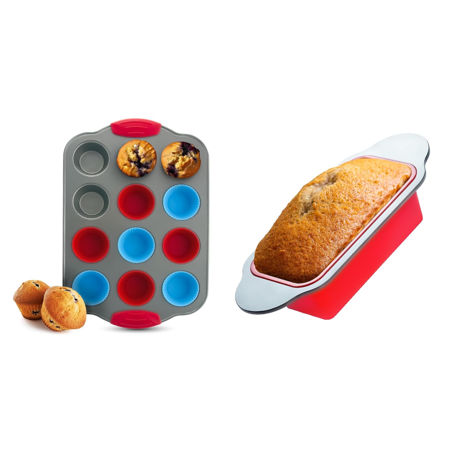 Boxiki Kitchen Baking Essentials - 12 Cup Mini Muffin Pan with Silicone Liners & Silicone Bread Loaf Pan 9 x 5 Inch.