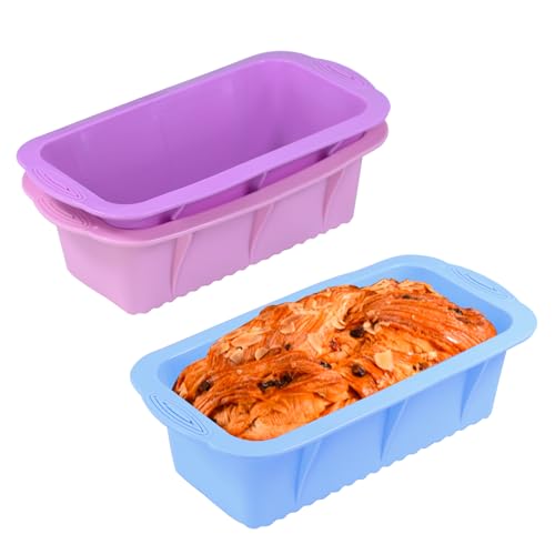FEOOWV 3 Pack Bread pan loaf pan silicone molds for baking silicone bread loaf pan for Homemade Cakes, Breads, Meatloaf and quiche omelets- 9.8x4.7x2.9 inch (Pink+Blue+Purple)