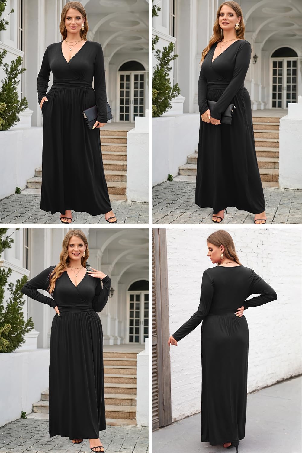 OUGES Womens Long Sleeve Black Dress V-Neck Wrap Waist Fall Formal Maxi Dress Winter Dresses for Women 2025(Black,XL)