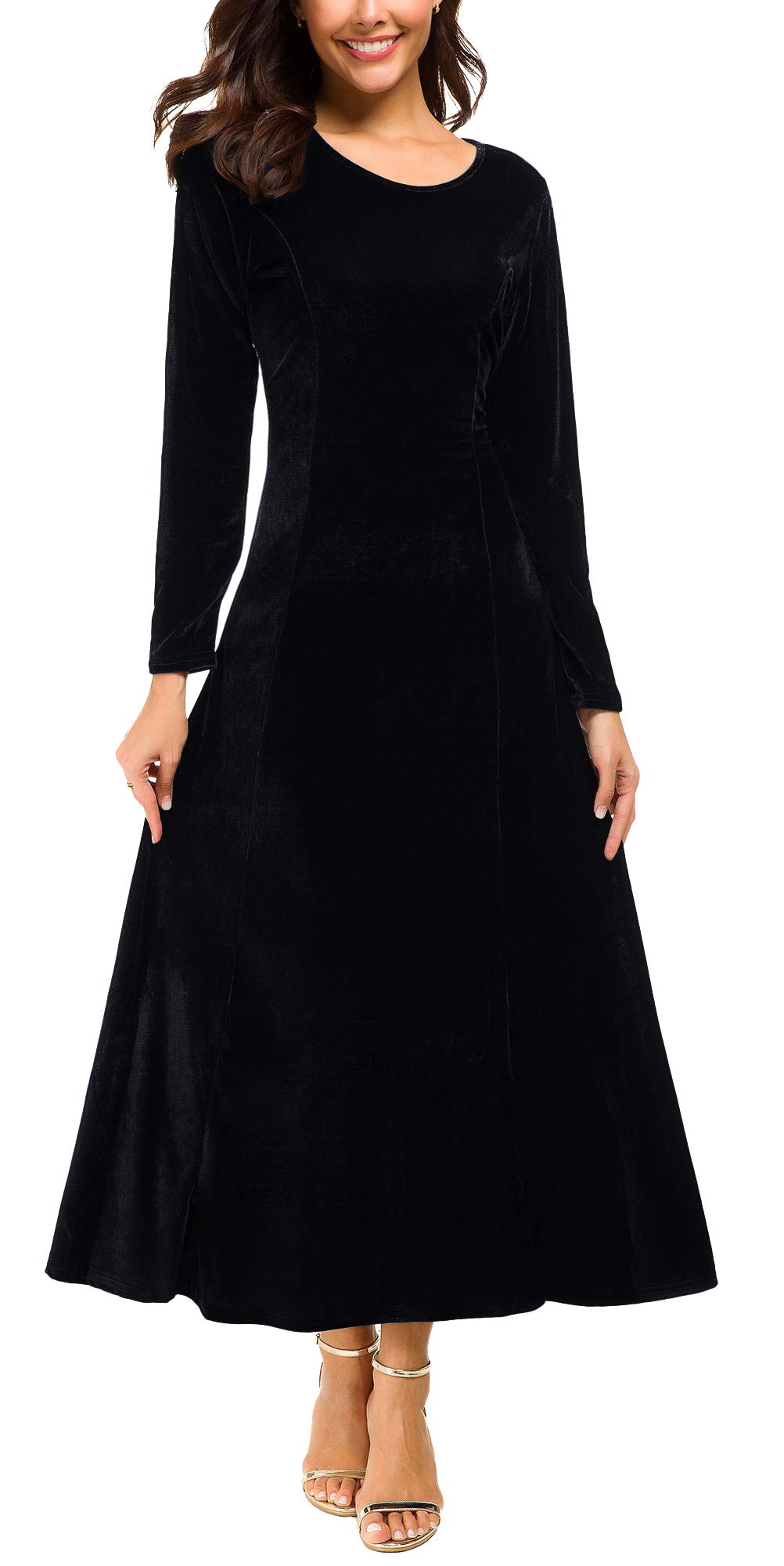 Urban CoCo Women's Elegant Long Sleeve Ruched Velvet Stretchy Long Dress (XL, Black)