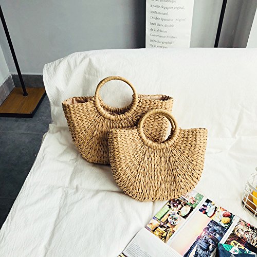 Hand-woven Straw Large Hobo Bag for Women Round Handle Ring Toto Retro Summer Beach (Brown 2)