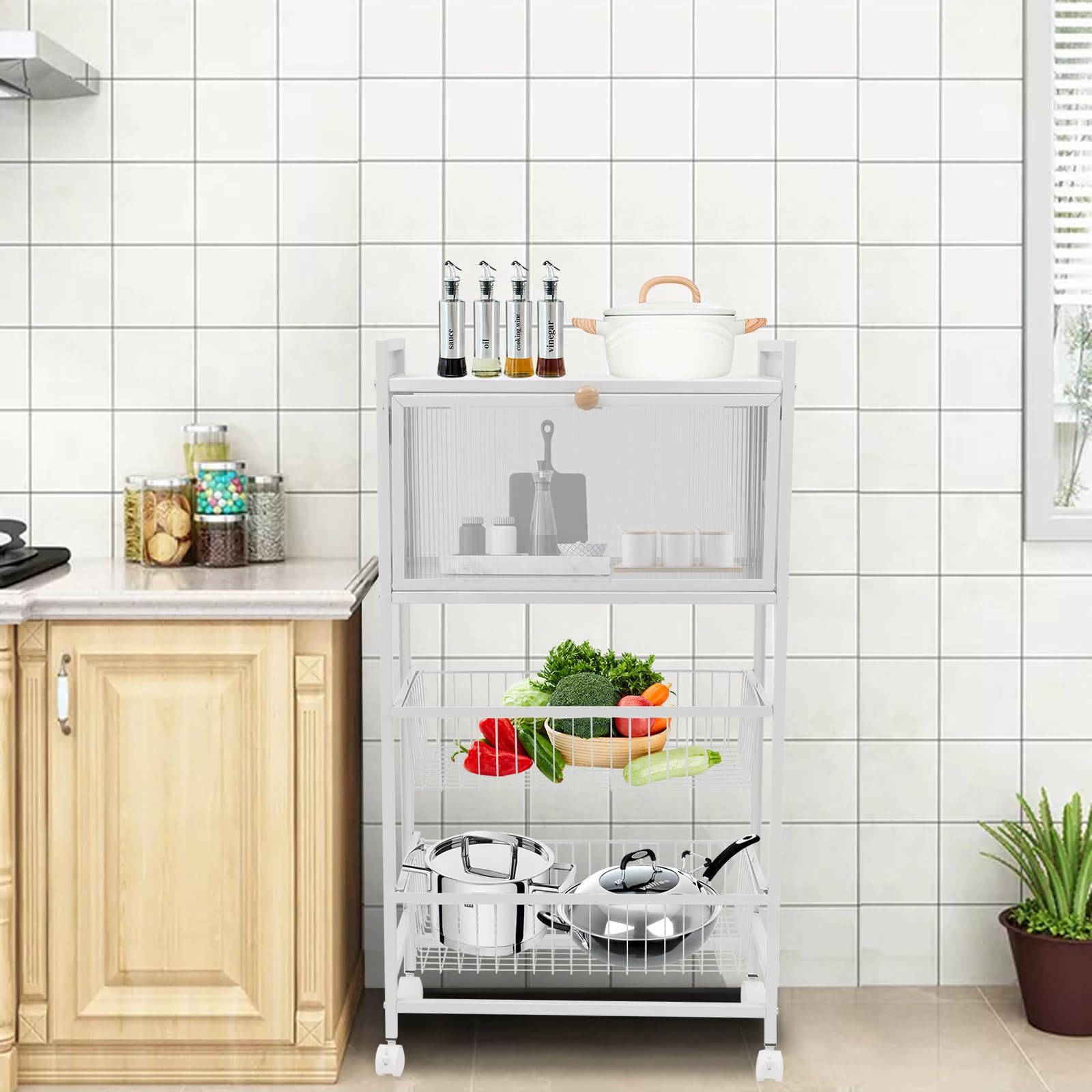 HuaShuani Kitchen Storage Rack, Bread Rack Coffee Station Microwave Rack Storage Rack Kitchen Cart, 4 Level Kitchen Drain Rack, Cutlery, Wine, POTS and Pans, 4 Universal Wheels (White)