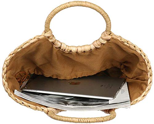 Hand-woven Straw Large Hobo Bag for Women Round Handle Ring Toto Retro Summer Beach (Brown 2)