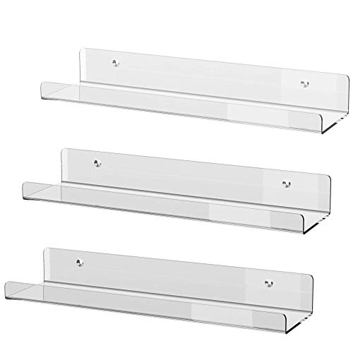 Unum Set of 3 15" Acrylic Floating Wall Ledges/Display Shelves β 5MM Thick Invisible Spice Racks - Crystal Clear Photo Ledge - Nursery/Kids' Bookshelf - 15" L x 4" D x 2" H (3-Pack)