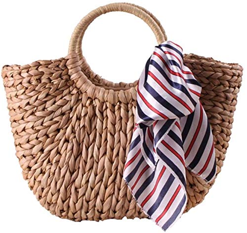 Hand-woven Straw Large Hobo Bag for Women Round Handle Ring Toto Retro Summer Beach (Brown 2)