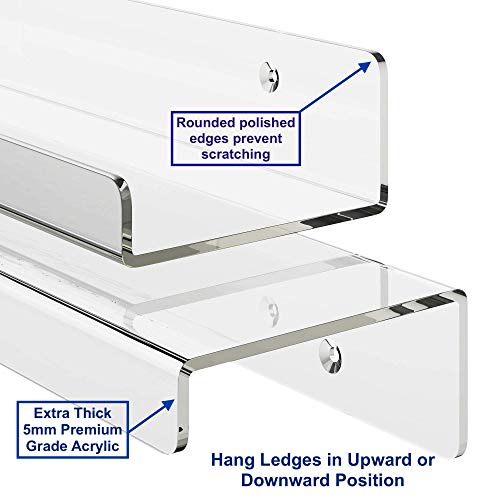Unum Set of 3 15" Acrylic Floating Wall Ledges/Display Shelves β 5MM Thick Invisible Spice Racks - Crystal Clear Photo Ledge - Nursery/Kids' Bookshelf - 15" L x 4" D x 2" H (3-Pack)