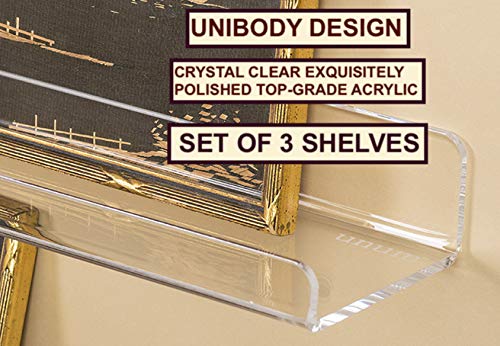 Unum Set of 3 15" Acrylic Floating Wall Ledges/Display Shelves β 5MM Thick Invisible Spice Racks - Crystal Clear Photo Ledge - Nursery/Kids' Bookshelf - 15" L x 4" D x 2" H (3-Pack)