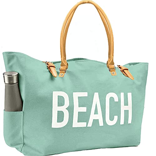 Keho Fashion Beach Bag (Cute Travel Tote), Large and Roomy, Waterproof Lining, Multiple Pockets (Green Canvas)