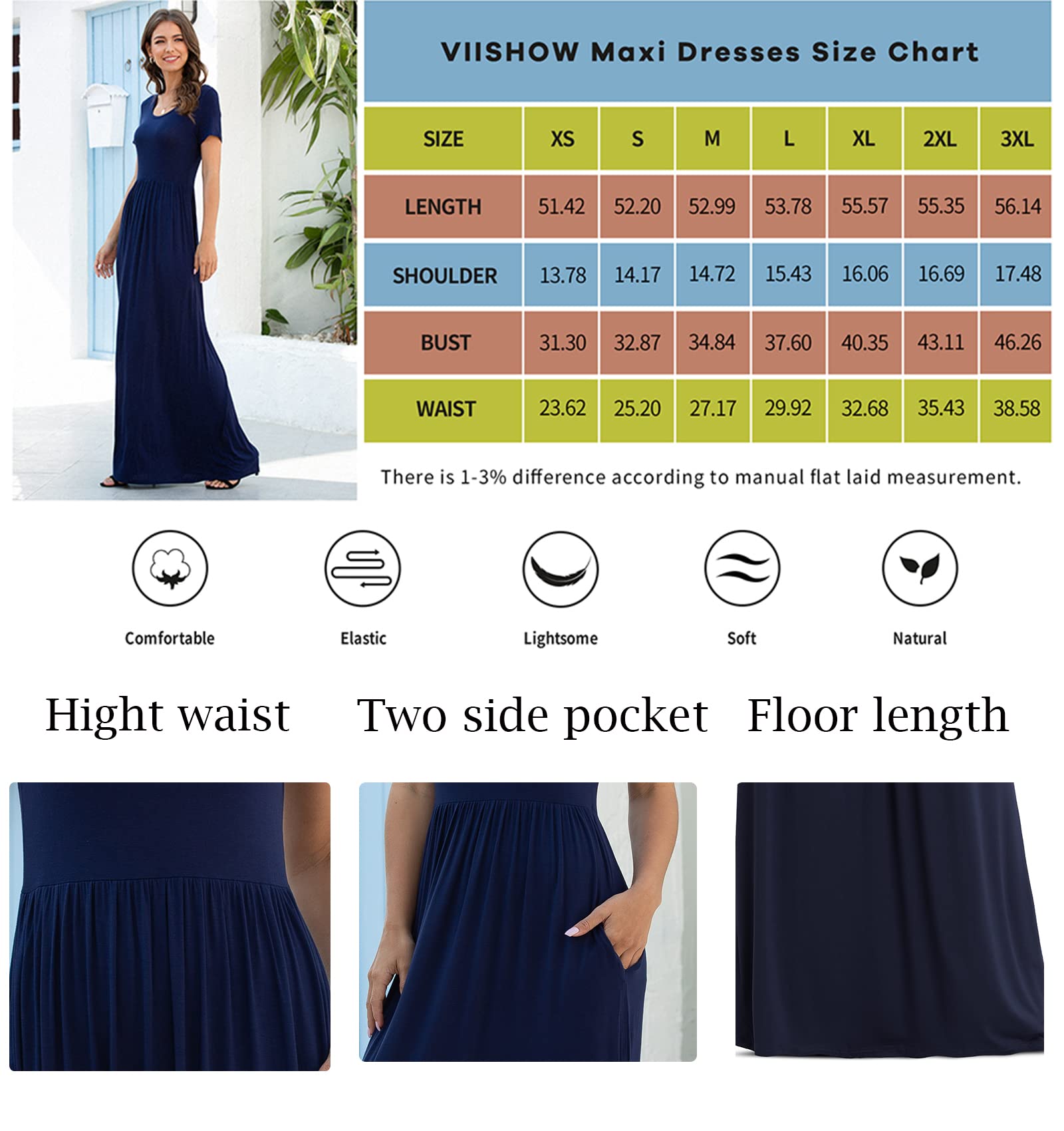 VIISHOW Women's Short Sleeve Loose Plain Maxi Dresses Casual Long Dresses with Pockets(Black, X-Large)