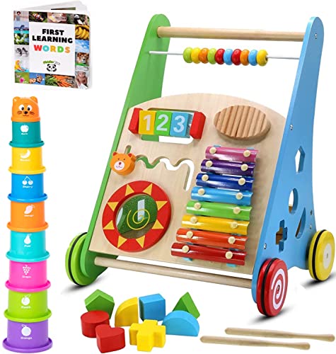 PIDOKO KIDS Wooden Baby Walker - Baby Activity Center Toys for 1 Year Old Boy Girl | Push Walker Toy For Babies - Baby Walkers For Girls Boys 12-18 Months | First 1st Birthday Gifts Toddlers Book Cups