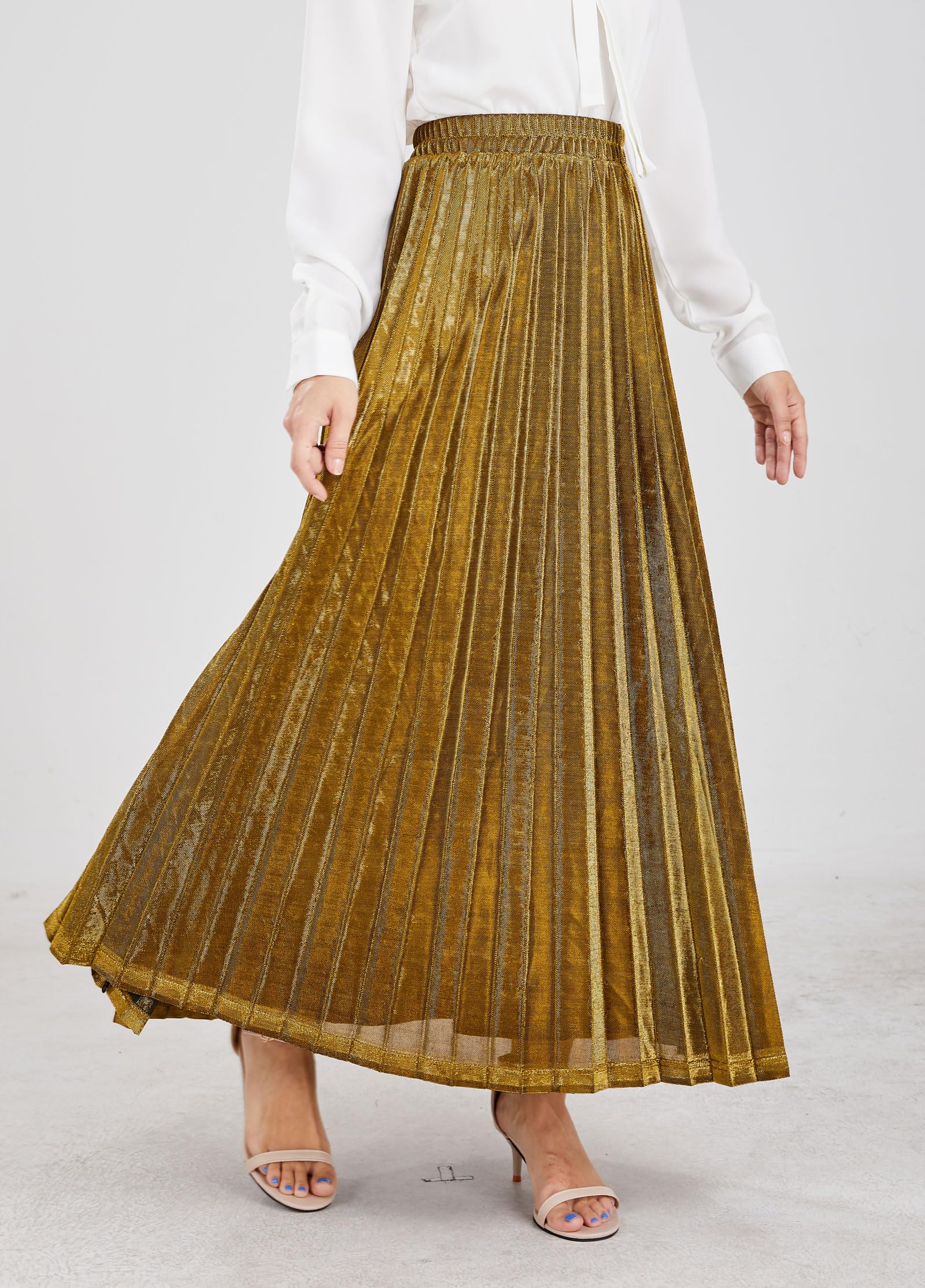 CHARTOU Women's Premium Metallic Shiny Shimmer Accordion Pleated Long Maxi Skirt (Small, Gold)