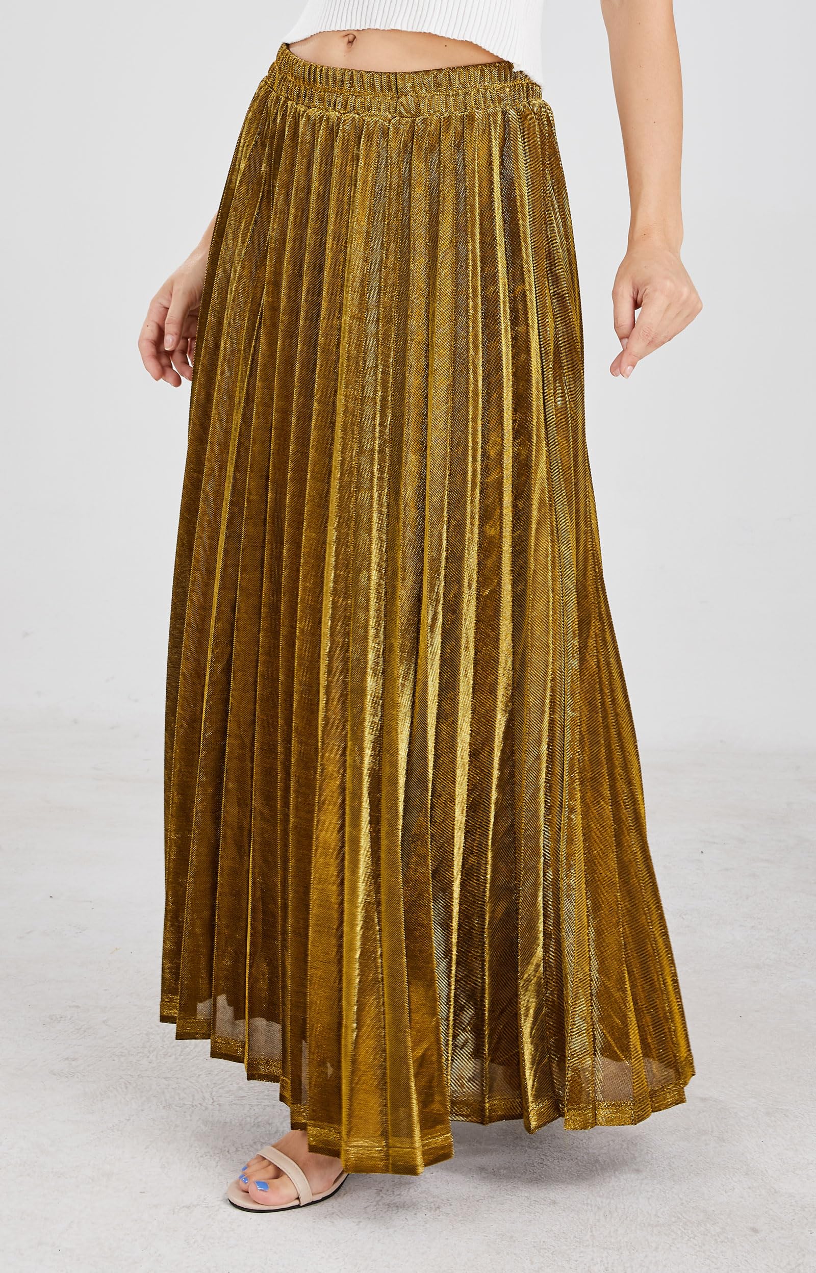 CHARTOU Women's Premium Metallic Shiny Shimmer Accordion Pleated Long Maxi Skirt (Small, Gold)