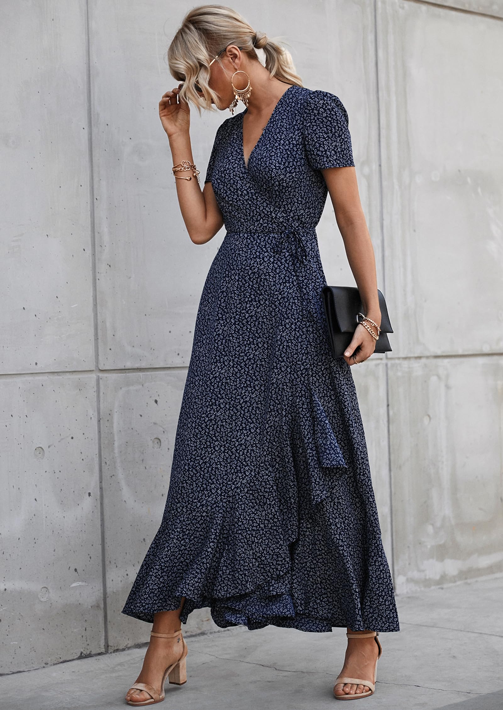 PRETTYGARDEN Women's Summer Wrap Maxi Dress Casual Boho Floral V Neck Short Sleeve Ruffle Hem Split Beach Long Dresses (Blue,X-Large)