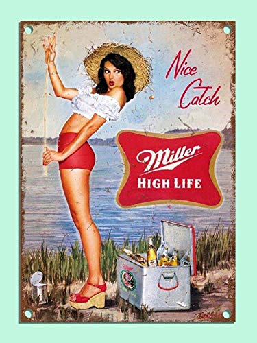 Jesiceny New Tin Sign Retro Style Miller Beer Girl Fishing Bar Den Aluminum Metal Sign 8x12 INCH