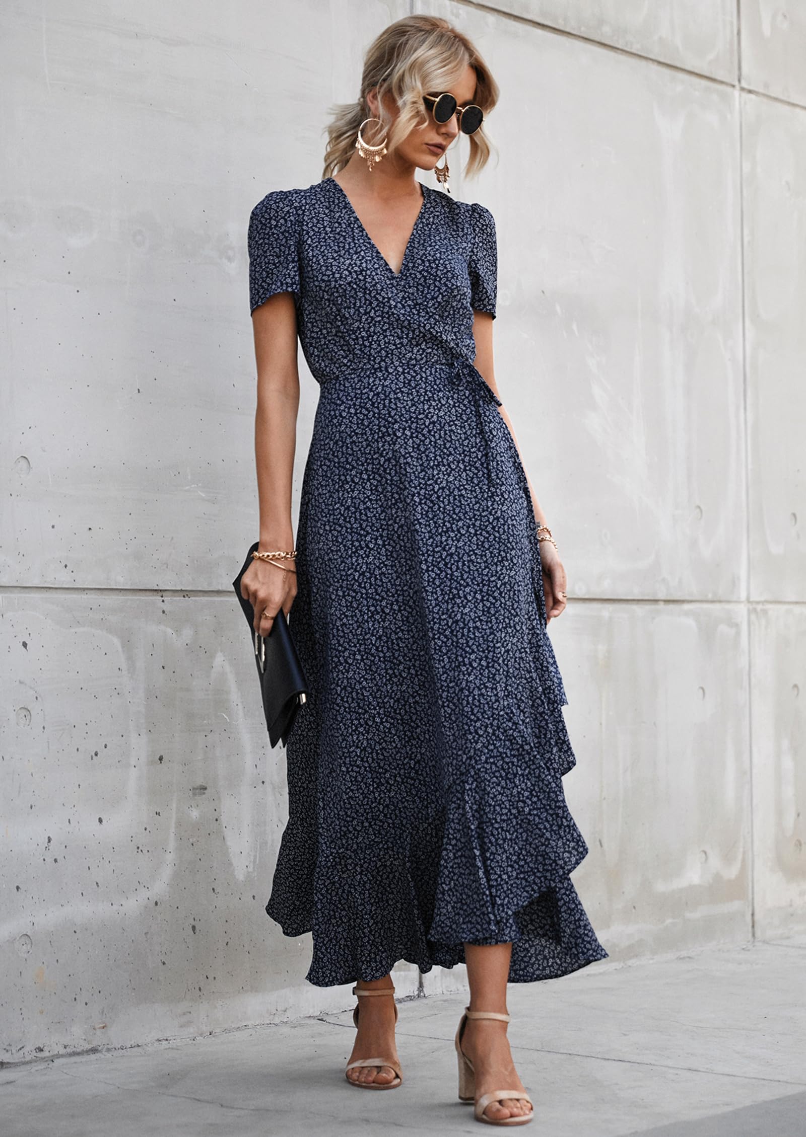 PRETTYGARDEN Women's Summer Wrap Maxi Dress Casual Boho Floral V Neck Short Sleeve Ruffle Hem Split Beach Long Dresses (Blue,X-Large)