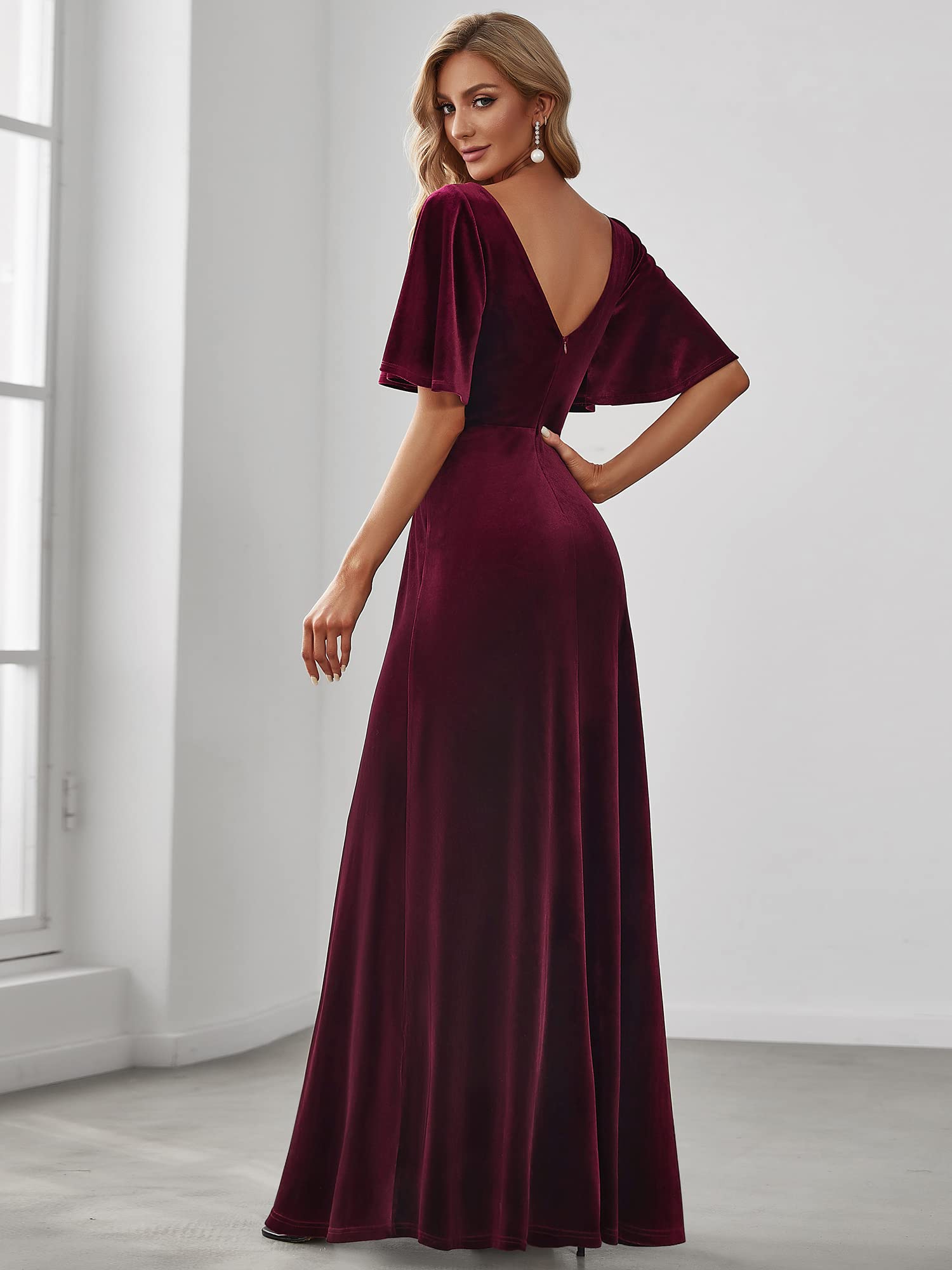Ever-Pretty Women's Retro Evening Gown A Line V-Neck Wrap Velvet Long Formal Dresses Burgundy US6
