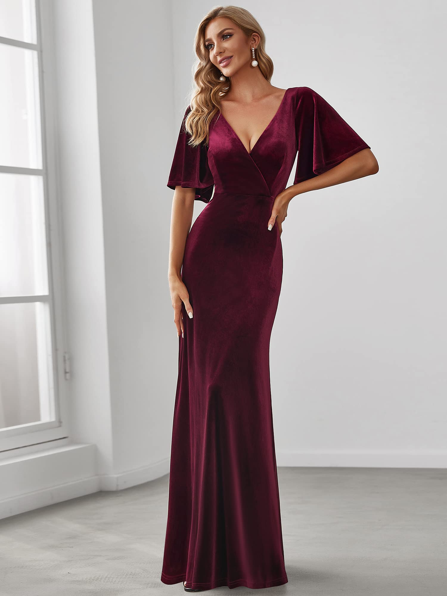 Ever-Pretty Women's Retro Evening Gown A Line V-Neck Wrap Velvet Long Formal Dresses Burgundy US6