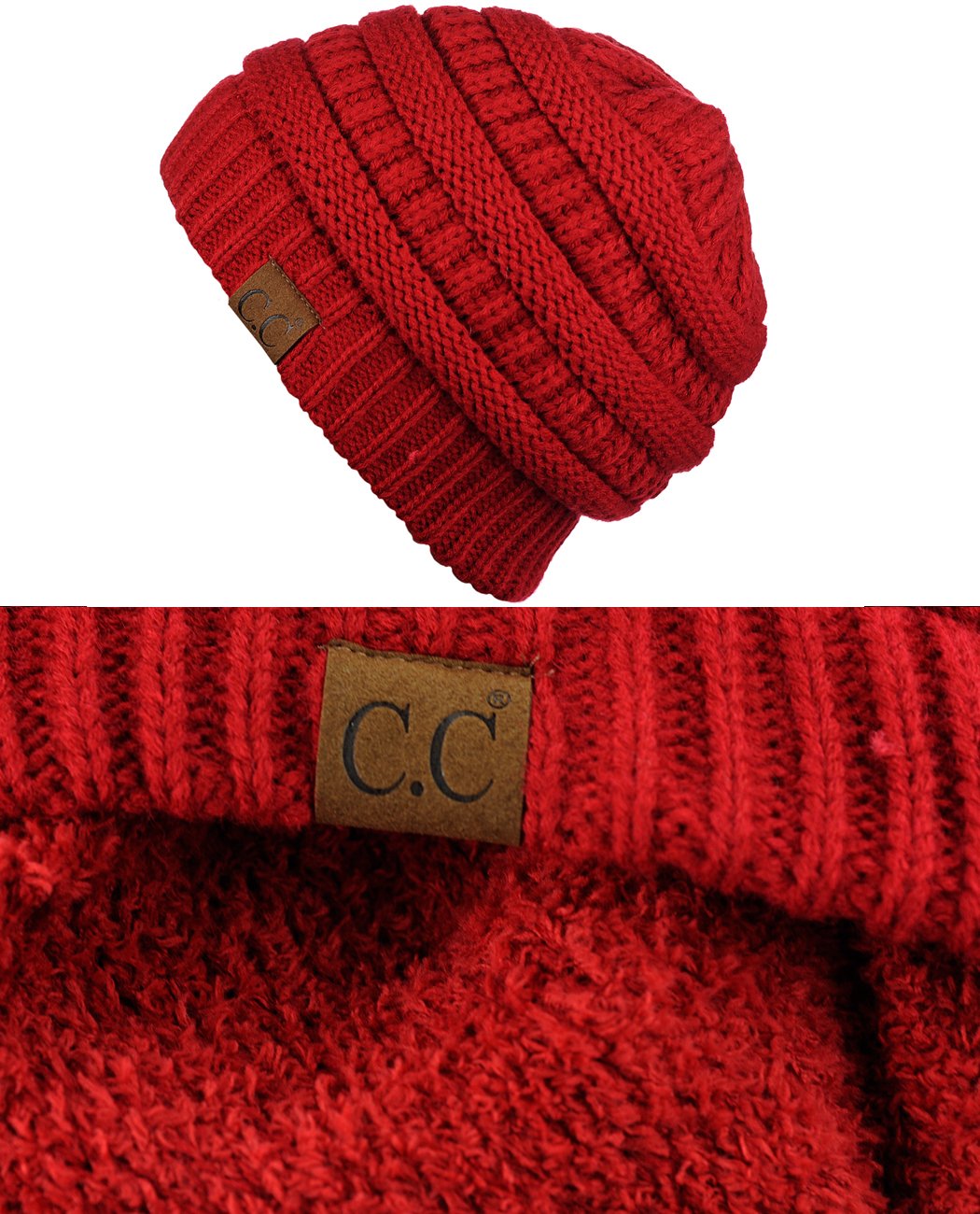 C.C Unisex Chunky Soft Stretch Cable Knit Warm Fuzzy Lined Skully Beanie, Red