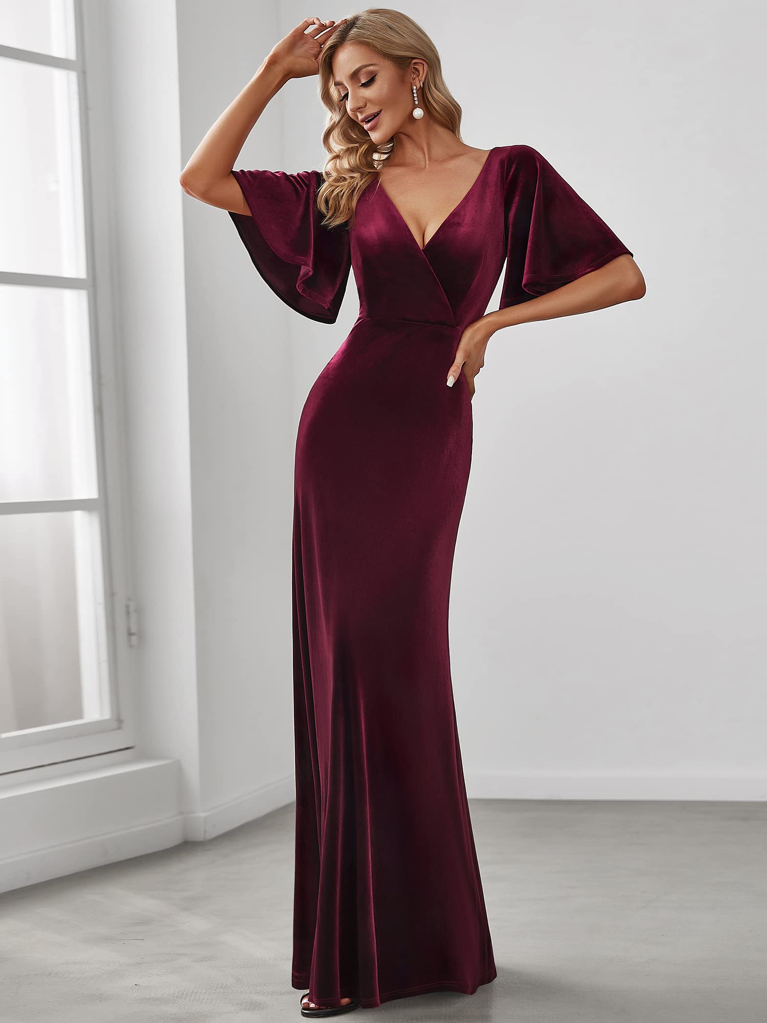 Ever-Pretty Women's Retro Evening Gown A Line V-Neck Wrap Velvet Long Formal Dresses Burgundy US6
