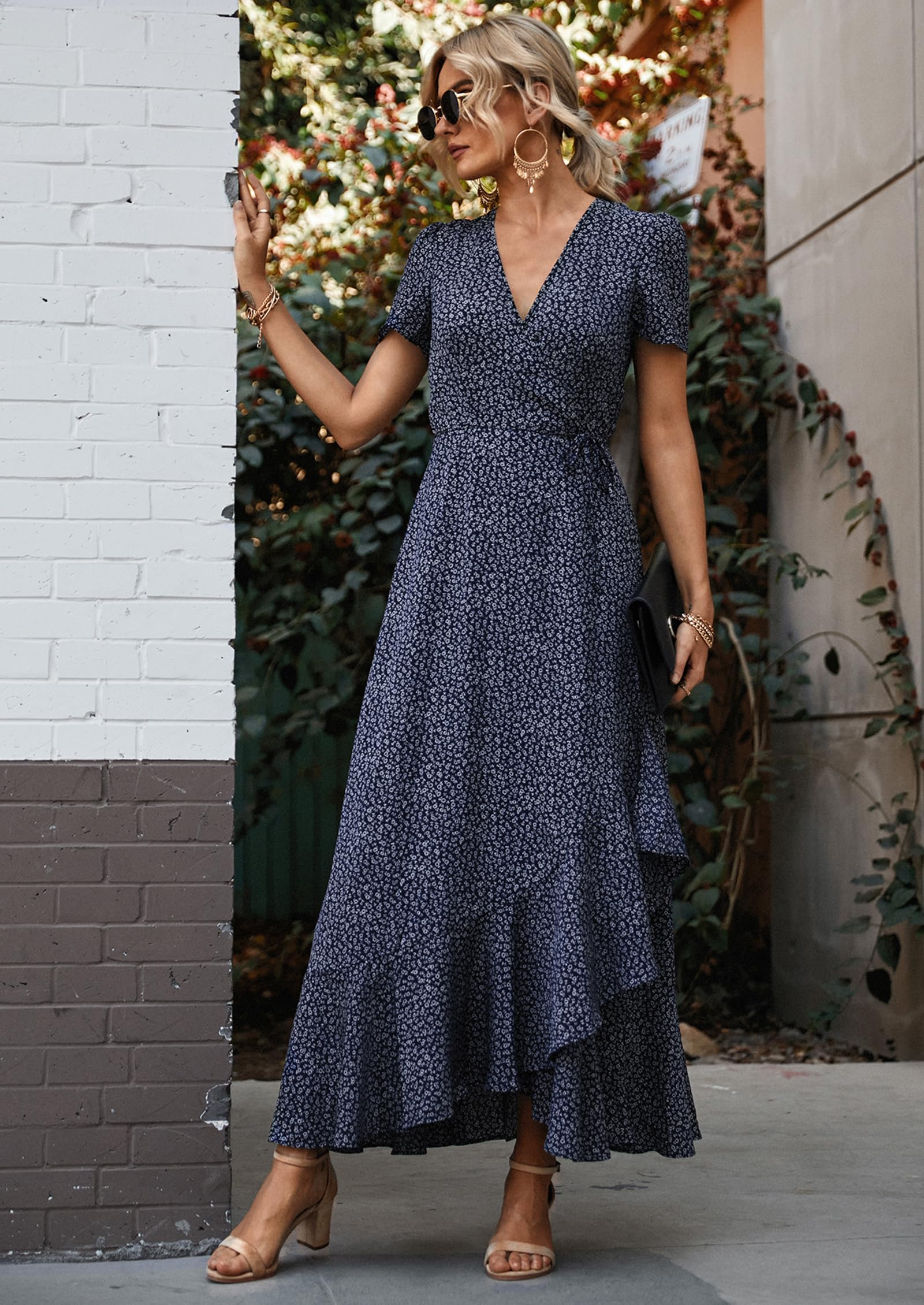 PRETTYGARDEN Women's Summer Wrap Maxi Dress Casual Boho Floral V Neck Short Sleeve Ruffle Hem Split Beach Long Dresses (Blue,X-Large)