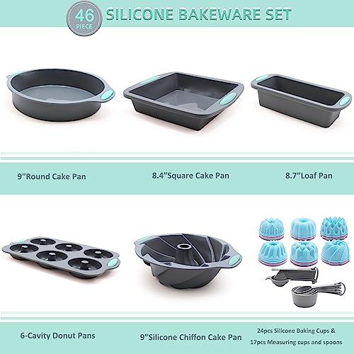Tongjude 46 Piece Silicone Bakeware Set, Non-Stick Kitchen Oven Baking Pans, Silicone Cake Molds with Cake Pan, Chiffon Cake Pan, Donut Pan, Square Cake Pan and Loaf Pan