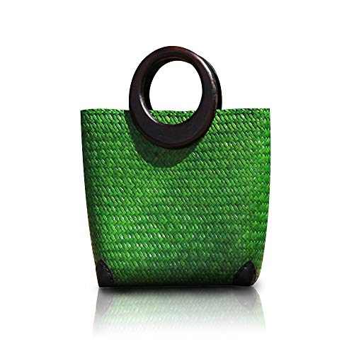 QTKJ Hand-woven Womens Straw Large Boho Handbag Bag for Women, Summer Beach Rattan Tote Travel Bag with Wood Round Top Handle (Green)