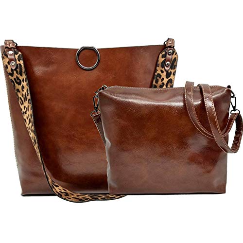 FiveloveTwo Ladies Women 2Pcs Handbag Leopard Print Shoulder Crossbody Bag PU Leather Totes Hobo Purse Clutch Brown